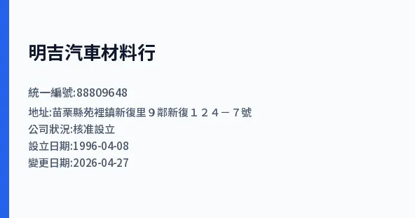 明吉汽車材料行的照片-統編 88809648(苗栗縣) 公司登記資料與營業項目詳細圖表