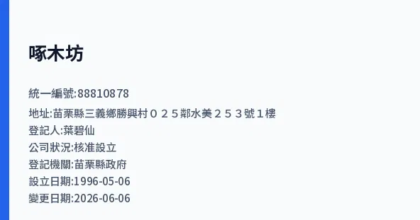 啄木坊的照片-統編 88810878(苗栗縣) 公司登記資料與營業項目詳細圖表