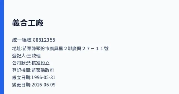 義合工廠的照片-統編 88812355(苗栗縣) 公司登記資料與營業項目詳細圖表