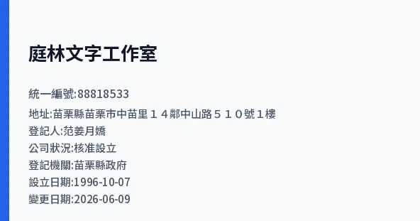 庭林文字工作室的照片-統編 88818533(苗栗縣) 公司登記資料與營業項目詳細圖表