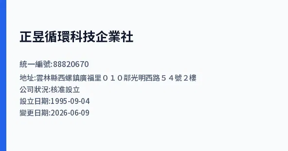 正昱循環科技企業社的照片-統編 88820670(雲林縣) 公司登記資料與營業項目詳細圖表