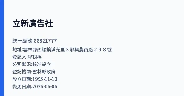立新廣告社的照片-統編 88821777(雲林縣) 公司登記資料與營業項目詳細圖表