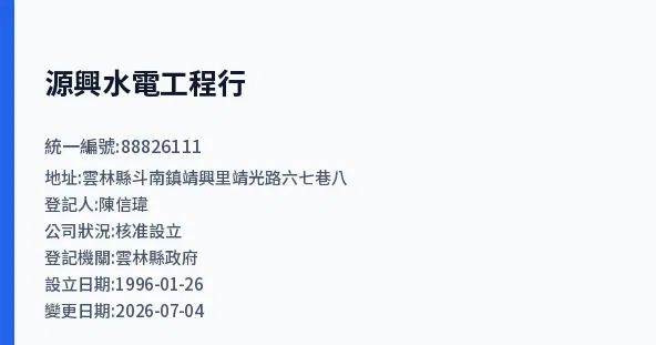 源興水電工程行的照片-統編 88826111(雲林縣) 公司登記資料與營業項目詳細圖表