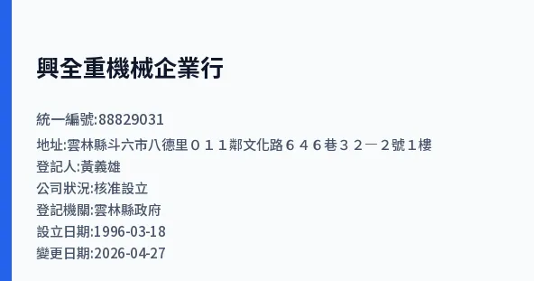 興全重機械企業行的照片-統編 88829031(雲林縣) 公司登記資料與營業項目詳細圖表
