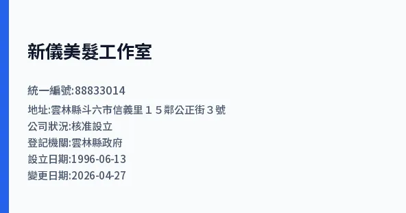 新儀美髮工作室的照片-統編 88833014(雲林縣) 公司登記資料與營業項目詳細圖表