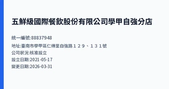 五鮮級國際餐飲股份有限公司學甲自強分店的照片-統編 88837948(臺南市) 公司登記資料與營業項目詳細圖表