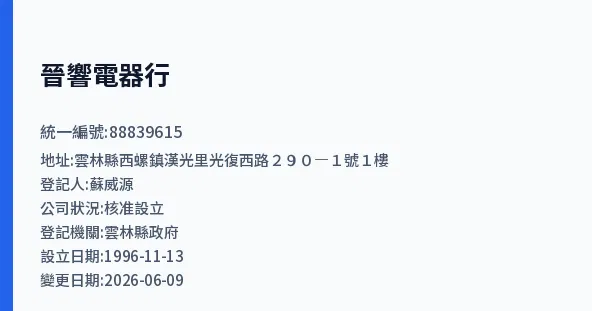 晉響電器行的照片-統編 88839615(雲林縣) 公司登記資料與營業項目詳細圖表