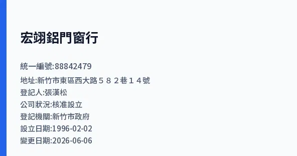 宏翊鋁門窗行的照片-統編 88842479(新竹市) 公司登記資料與營業項目詳細圖表