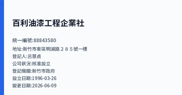百利油漆工程企業社的照片-統編 88843580(新竹市) 公司登記資料與營業項目詳細圖表