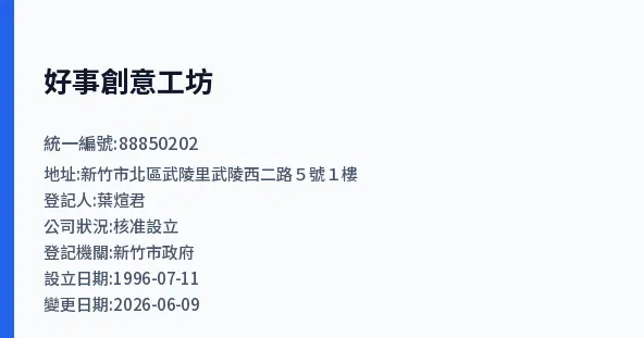 好事創意工坊的照片-統編 88850202(新竹市) 公司登記資料與營業項目詳細圖表
