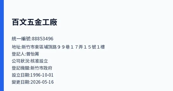 百文五金工廠的照片-統編 88853496(新竹市) 公司登記資料與營業項目詳細圖表
