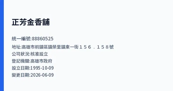 正芳金香舖的照片-統編 88860525(高雄市) 公司登記資料與營業項目詳細圖表
