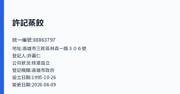 許記蒸餃的照片-統編 88863797(高雄市) 公司登記資料與營業項目詳細圖表