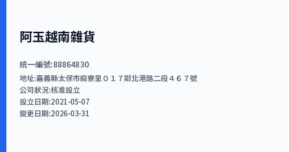 阿玉越南雜貨的照片-統編 88864830(嘉義縣) 公司登記資料與營業項目詳細圖表