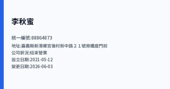 李秋蜜的照片-統編 88864873(嘉義縣) 公司登記資料與營業項目詳細圖表