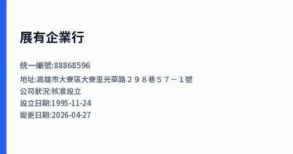展有企業行的照片-統編 88868596(高雄市) 公司登記資料與營業項目詳細圖表