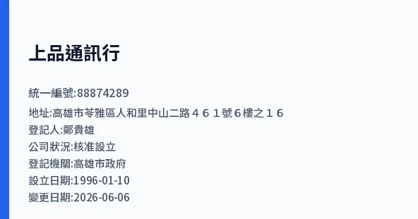上品通訊行的照片-統編 88874289(高雄市) 公司登記資料與營業項目詳細圖表
