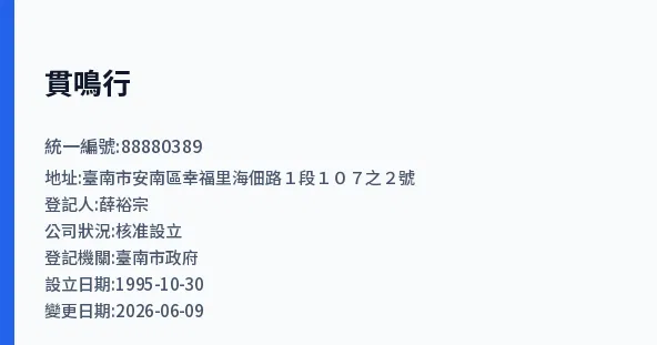 貫鳴行的照片-統編 88880389(臺南市) 公司登記資料與營業項目詳細圖表