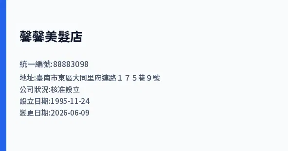 馨馨美髮店的照片-統編 88883098(臺南市) 公司登記資料與營業項目詳細圖表