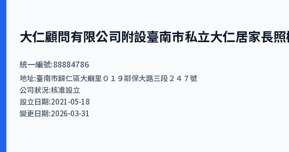 大仁顧問有限公司附設臺南市私立大仁居家長照機構的照片-統編 88884786(臺南市) 公司登記資料與營業項目詳細圖表