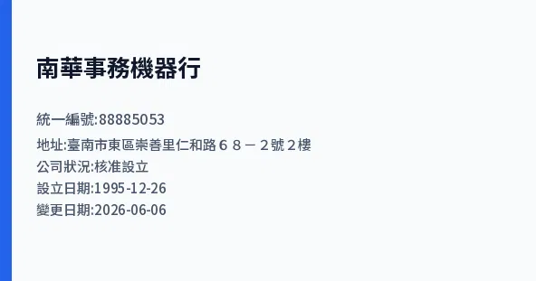南華事務機器行的照片-統編 88885053(臺南市) 公司登記資料與營業項目詳細圖表