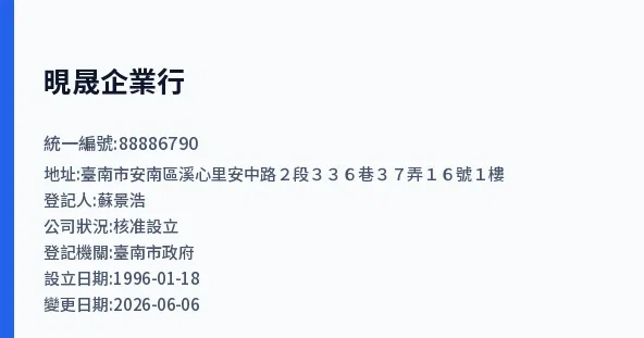 晛晟企業行的照片-統編 88886790(臺南市) 公司登記資料與營業項目詳細圖表