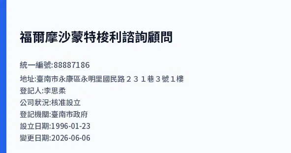 福爾摩沙蒙特梭利諮詢顧問的照片-統編 88887186(臺南市) 公司登記資料與營業項目詳細圖表