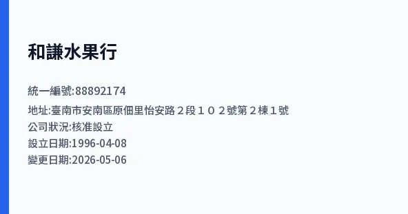 和謙水果行的照片-統編 88892174(臺南市) 公司登記資料與營業項目詳細圖表