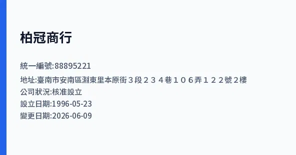柏冠商行的照片-統編 88895221(臺南市) 公司登記資料與營業項目詳細圖表