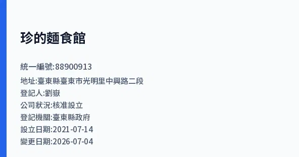 珍的麵食館的照片-統編 88900913(臺東縣) 公司登記資料與營業項目詳細圖表