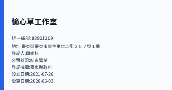 愉心草工作室的照片-統編 88901309(臺東縣) 公司登記資料與營業項目詳細圖表
