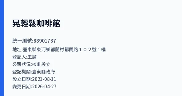 晃輕鬆咖啡館的照片-統編 88901737(臺東縣) 公司登記資料與營業項目詳細圖表