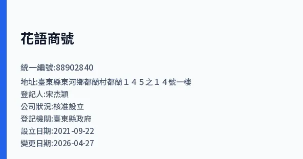 花語商號的照片-統編 88902840(臺東縣) 公司登記資料與營業項目詳細圖表