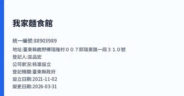 我家麵食館的照片-統編 88903989(臺東縣) 公司登記資料與營業項目詳細圖表