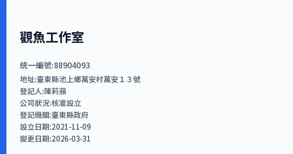 觀魚工作室的照片-統編 88904093(臺東縣) 公司登記資料與營業項目詳細圖表