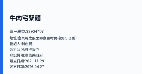 牛肉宅藜麵的照片-統編 88904707(臺東縣) 公司登記資料與營業項目詳細圖表