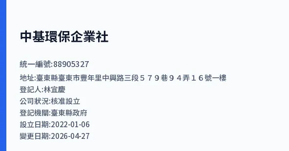 中基環保企業社的照片-統編 88905327(臺東縣) 公司登記資料與營業項目詳細圖表