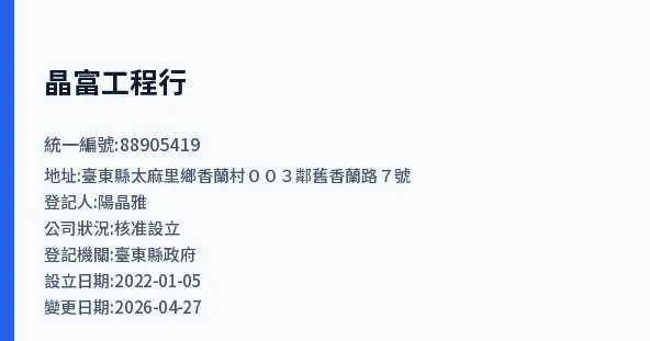 晶富工程行的照片-統編 88905419(臺東縣) 公司登記資料與營業項目詳細圖表