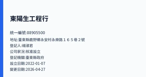 東陽生工程行的照片-統編 88905500(臺東縣) 公司登記資料與營業項目詳細圖表