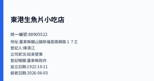 東港生魚片小吃店的照片-統編 88905522(臺東縣) 公司登記資料與營業項目詳細圖表