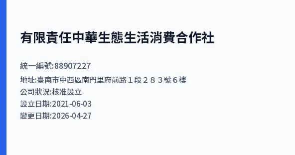 有限責任中華生態生活消費合作社的照片-統編 88907227(臺南市) 公司登記資料與營業項目詳細圖表