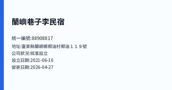 蘭嶼巷子李民宿的照片-統編 88908817(臺東縣) 公司登記資料與營業項目詳細圖表