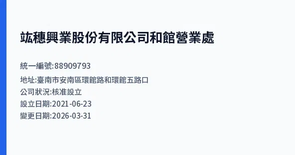 竑穗興業股份有限公司和館營業處的照片-統編 88909793(臺南市) 公司登記資料與營業項目詳細圖表