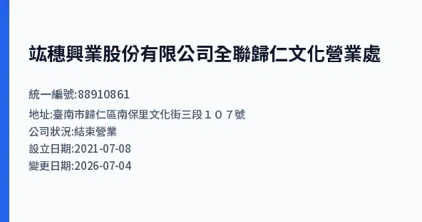 竑穗興業股份有限公司全聯歸仁文化營業處的照片-統編 88910861(臺南市) 公司登記資料與營業項目詳細圖表