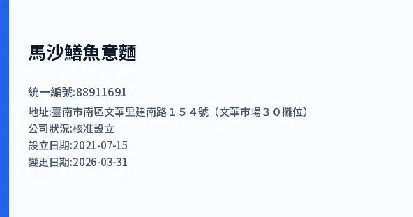 馬沙鱔魚意麵的照片-統編 88911691(臺南市) 公司登記資料與營業項目詳細圖表