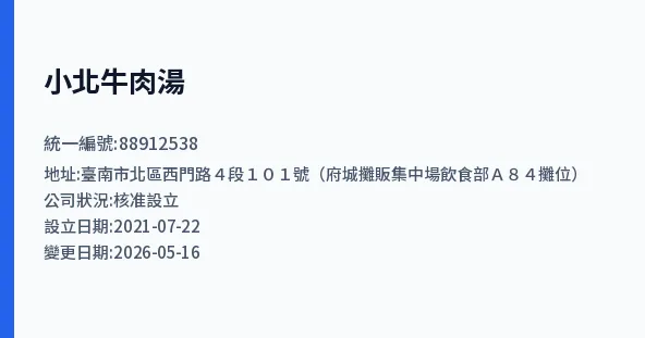 小北牛肉湯的照片-統編 88912538(臺南市) 公司登記資料與營業項目詳細圖表