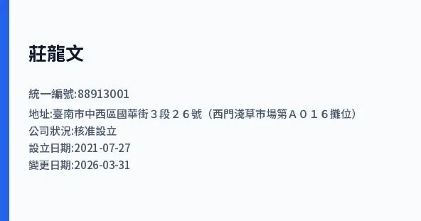 莊龍文的照片-統編 88913001(臺南市) 公司登記資料與營業項目詳細圖表