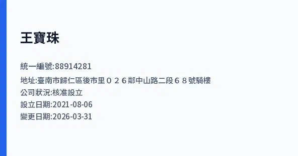 王寶珠的照片-統編 88914281(臺南市) 公司登記資料與營業項目詳細圖表