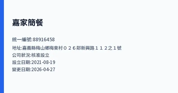 嘉家簡餐的照片-統編 88916458(嘉義縣) 公司登記資料與營業項目詳細圖表