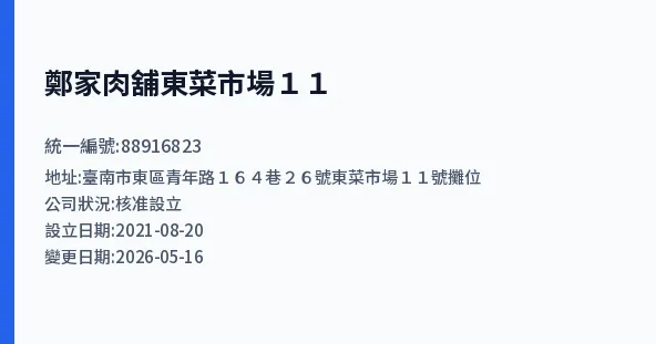 鄭家肉舖東菜市場11的照片-統編 88916823(臺南市) 公司登記資料與營業項目詳細圖表